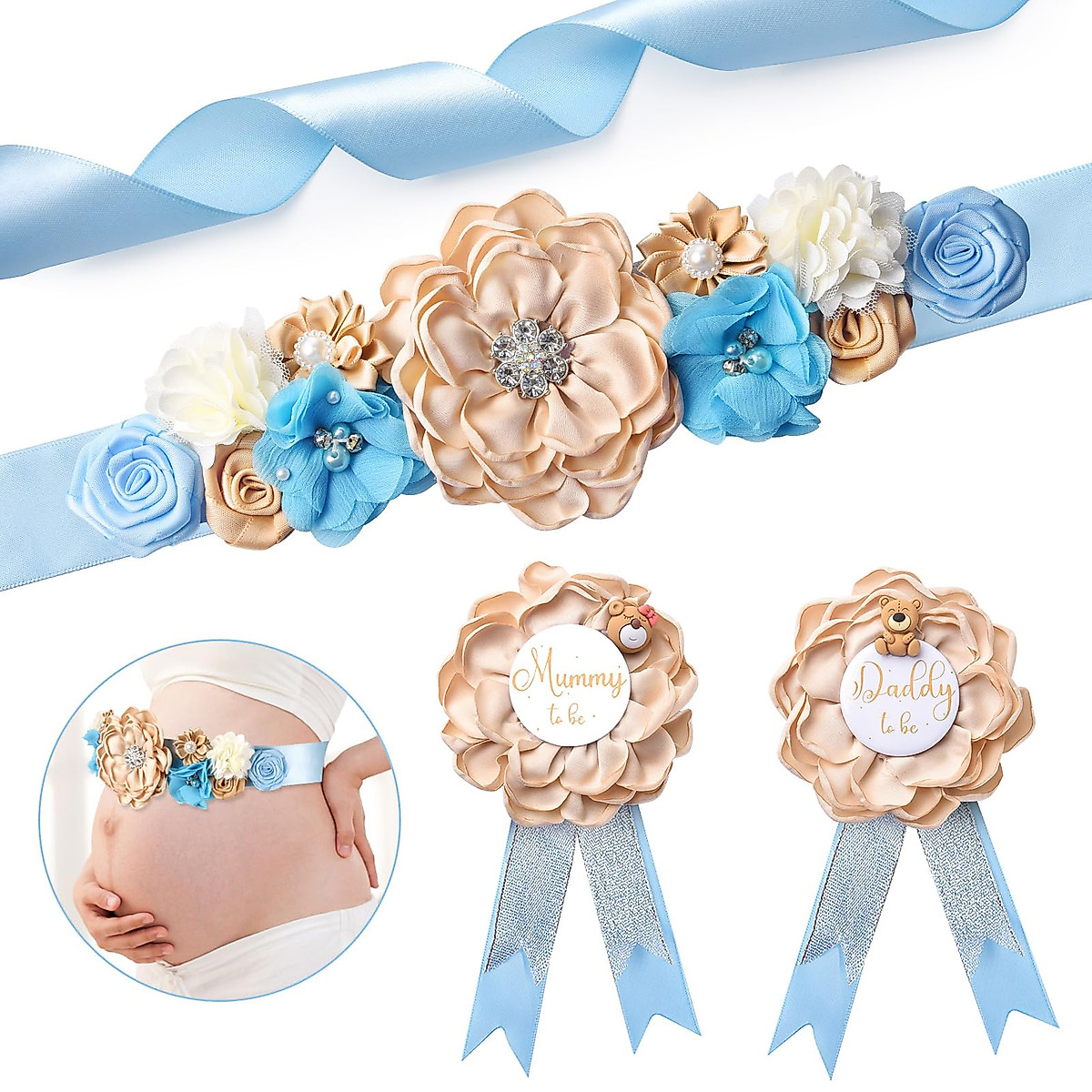 XINRUI Floral Maternity Sash Mummy Daddy to Be Corsage Pin Set Blue Teddy Bear Baby Shower Sash Belly Belt Flower Pregnancy Photo Props Maternity Photography (Champagne)