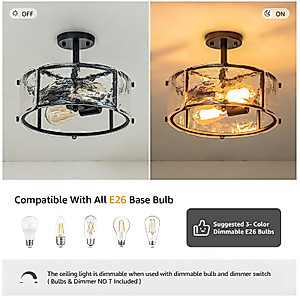 TinHon Black Semi Flush Mount Ceiling Light,12.8" Modern Small Drum Close to Ceiling Light Fixture,Easy to Install 2-Light Lightweight Glass Ceiling Lights for Dining Room,Living Room,Kitchen