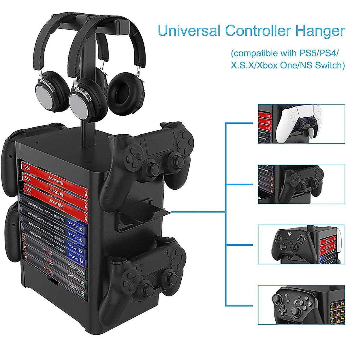 Wedorat Xbox Series X/PS5/Switch Multifunctional Game Disk Storage Tower Holder for PS5 Console, Game Disk Rack and Controller/Headset Stand Holder Compatible with Xbox Series X/Switch/PS5 Black