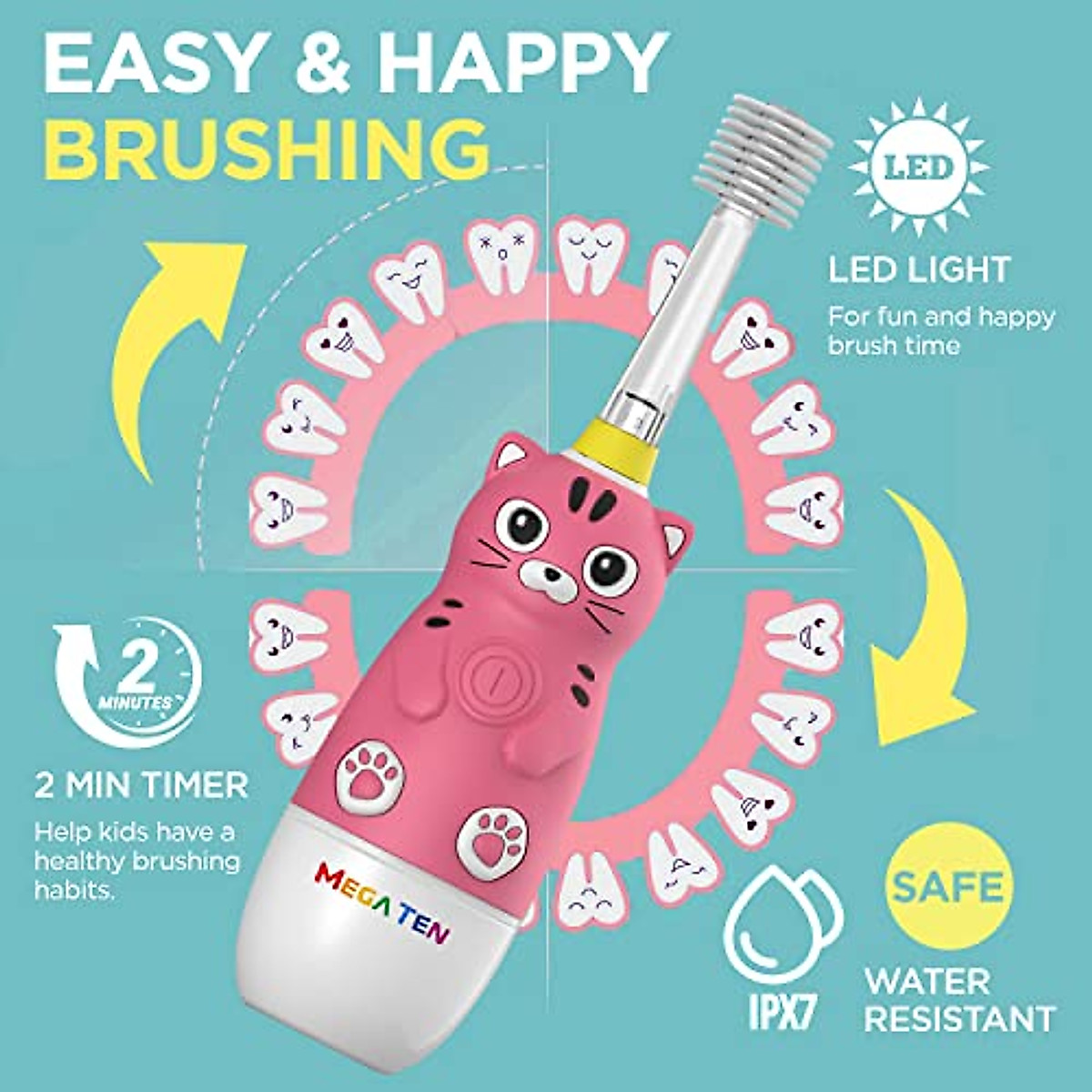 MEGA TEN 360-Degree Kids Electric Toothbrush Made in Korea | LED Light & Soft Microfiber Bristles & Comfortable Grip | Fun & Easy Brushing for Kids 12-48 Months | Built-in Timer | BPA Free | Pink Cat