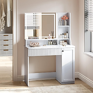 Dripex Makeup Vanity Desk with Mirror and Lights Bedroom Dressing Table, Makeup Table with Drawer, Cabinet, Adjustable LED Lights -White