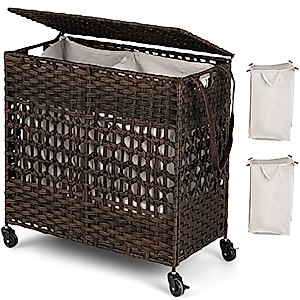 Giantex Laundry Hamper with Wheels and Lid, 33 Gal (125L) Wicker Laundry Basket, 2 Removable Liner Bags, Handles and Pulling Strap, Synthetic Rattan Laundry Hamper Clothes Storage Organizer (Brown)