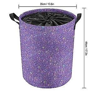 Laundry Hamper Purple Shiny Glitter Fabric Storage Basket Round Collapsible Bling Laundry Baskets with Drawstring Closure for Bedroom Living Room Bathroom