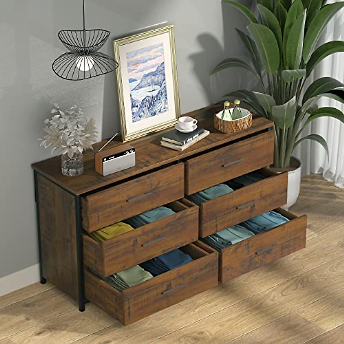 IKENO 6 Drawer Double Dresser, Industrial Wood Dresser for Bedroom, Storage Cabinet with Sturdy Steel Frame