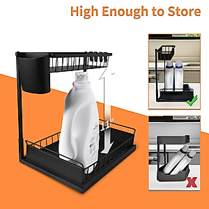 Lonffery Under Sink Organizers and Storage, Under Sink Shelves with Pull out Sliding Drawers, 2 Tier Cabinet Organizer with 4 Hooks and Hanging Cup for Bathroom and Kitchen, Black