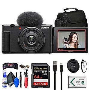 Sony ZV-1F Vlogging Camera (Black) (ZV1F/B) + Case + 64GB Card + Card Reader + Flex Tripod + Memory Wallet + Cap Keeper + Cleaning Kit (Renewed)