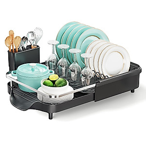 Dish Drying Rack - Extendable Dish Rack for Kitchen Counter, Saving Countertop Space Dish Drainer, Stainless Steel Kitchen Drying Rack with Cutlery Holder, 22.1''L x 12.8''W (Black)