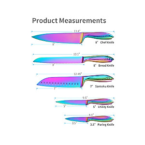 Hollory Rainbow Kitchen Knife Set 5 Piece, Super Sharp German Stainless Steel Blade with 8 in Chef, 8 in Bread, 7 in Santoku, 5 in Utility, 3.5 in Paring - Gift Box