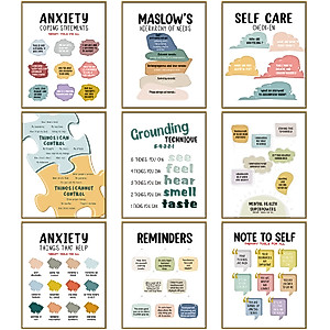 9 Pieces Mental Health Posters Anxiety Therapy Motivational Poster Psychologist Counselor Inspirational Posters Positive Quotes Wall Decor Classroom for Home Office, 8 x 10 Inch(Retro Style)
