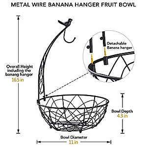 Buruis Fruit Basket Bowl with Banana Hanger, Modern Bird Design Fruit Container, Creative Tabletop Fruit Basket for Kitchen Countertop Dining Room, Decorative Display Stand (Black)