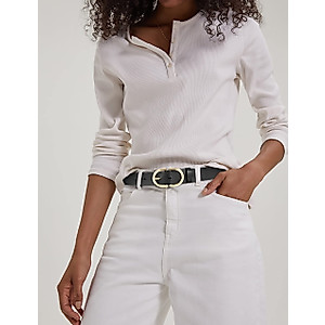 CR Womens Black Leather Belts for Jeans Pants - 1.3" Width Casual Ladies Belt - Fashion Center Bar Gold Buckle