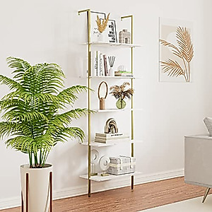 Wolawu 5 Tiers Ladder 2-Piece Shelf White Marble Modern Bookshelf Open Tall Wall Mount Bookcase Standing Leaning Wall Shelves Industrial Decorative