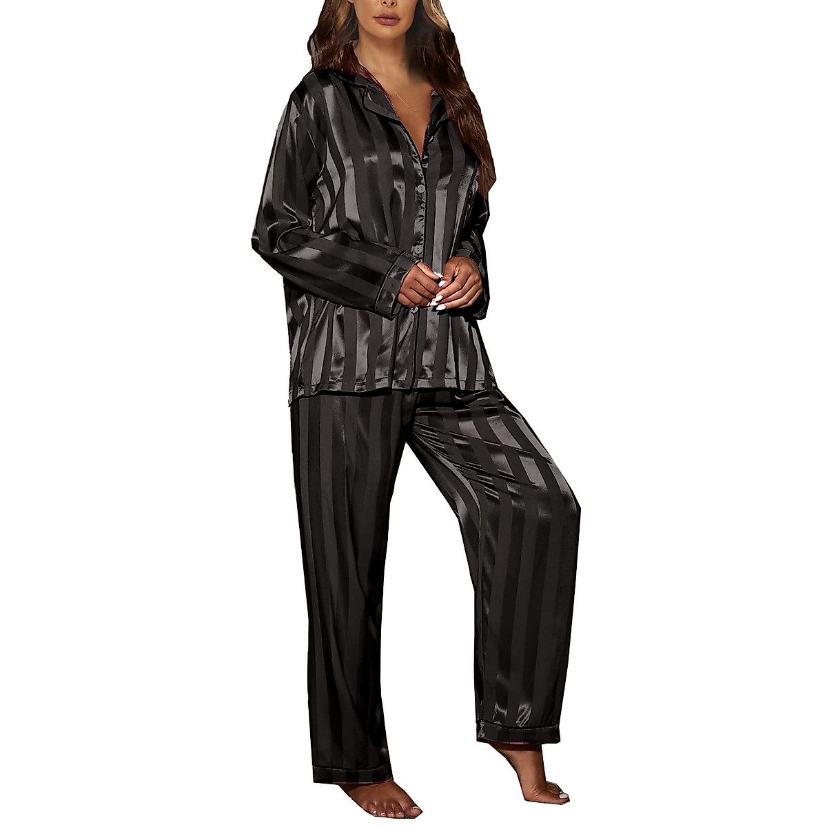 OPOIPIN Women's Silk Satin Pajamas Button Down Long Sleeve Top with Pants Sleepwear PJ Set Black Small