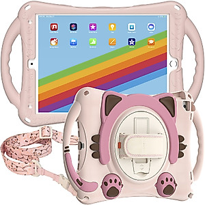 KIQ Cat Shield Case for iPad 9th Generation Case for Kids, Heavy Duty Cute ipad 10.2 case for Kids 7th 8th Gen w/Stand Shoulder Strap - Pink