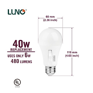 LUNO A19 Dimmable LED Bulb, 6W (40W Equivalent), 480 Lumens, 2700K, 3000K, 3500K, 4000K, 5000K, Color Selectable, 5CCT, UL Listed (4-Pack)