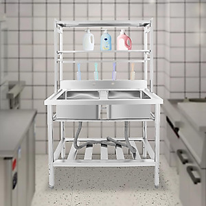 Bokknppo 2-Compartment Commercial Sink 304 stainless Steel Sink with Double-Layer Shelves Hanging Tools Freestanding Utility Sink for Kitchen Restaurant Bathroom, 35.43 * 21.26 * 67.72in