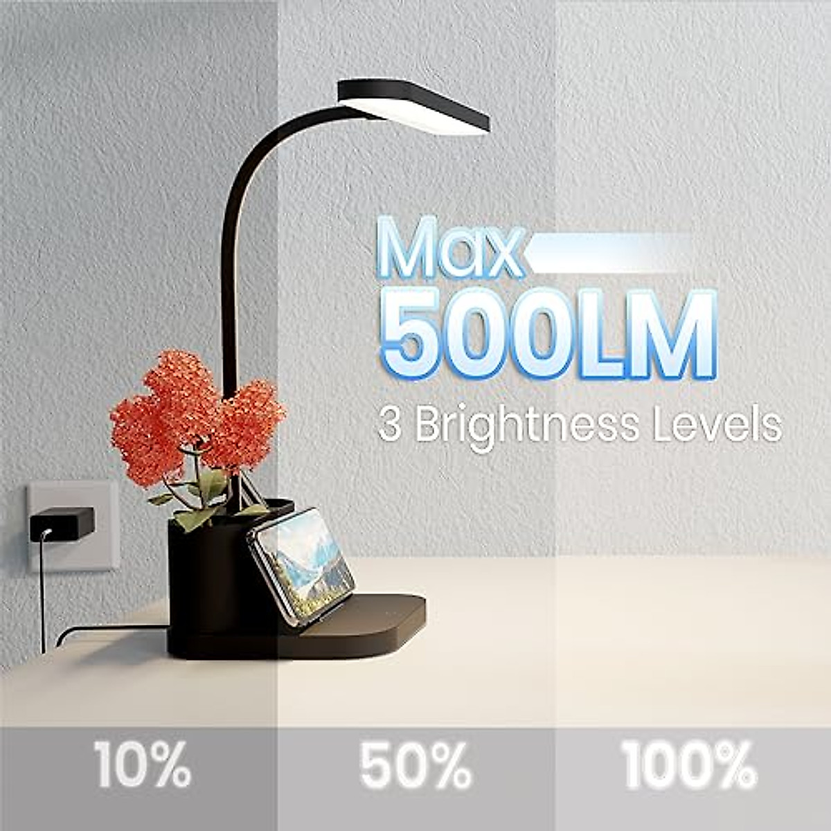 AXX Desk Lamp for College Dorm Room, School Study Supplies for Teens Kids, Office Desk Lights with Organizer/Storage, Desktop Lamp for Bedroom, LED, Small, Black, Pen Holder, Gooseneck
