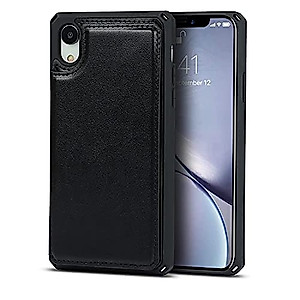 ShunJieTech for iPhone XR Case,for iPhoneXR Case,[ Credit Card Holder & Slot Wallet Case ] Back Shell Leather Cover Shockproof Protective Case with Strap(6.1")-Black