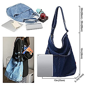 Denim Shoulder Bag Large Hobo Tote Bag Casual Canvas Bag Retro Crossbody Bag for School Travel Work (Dark Blue)