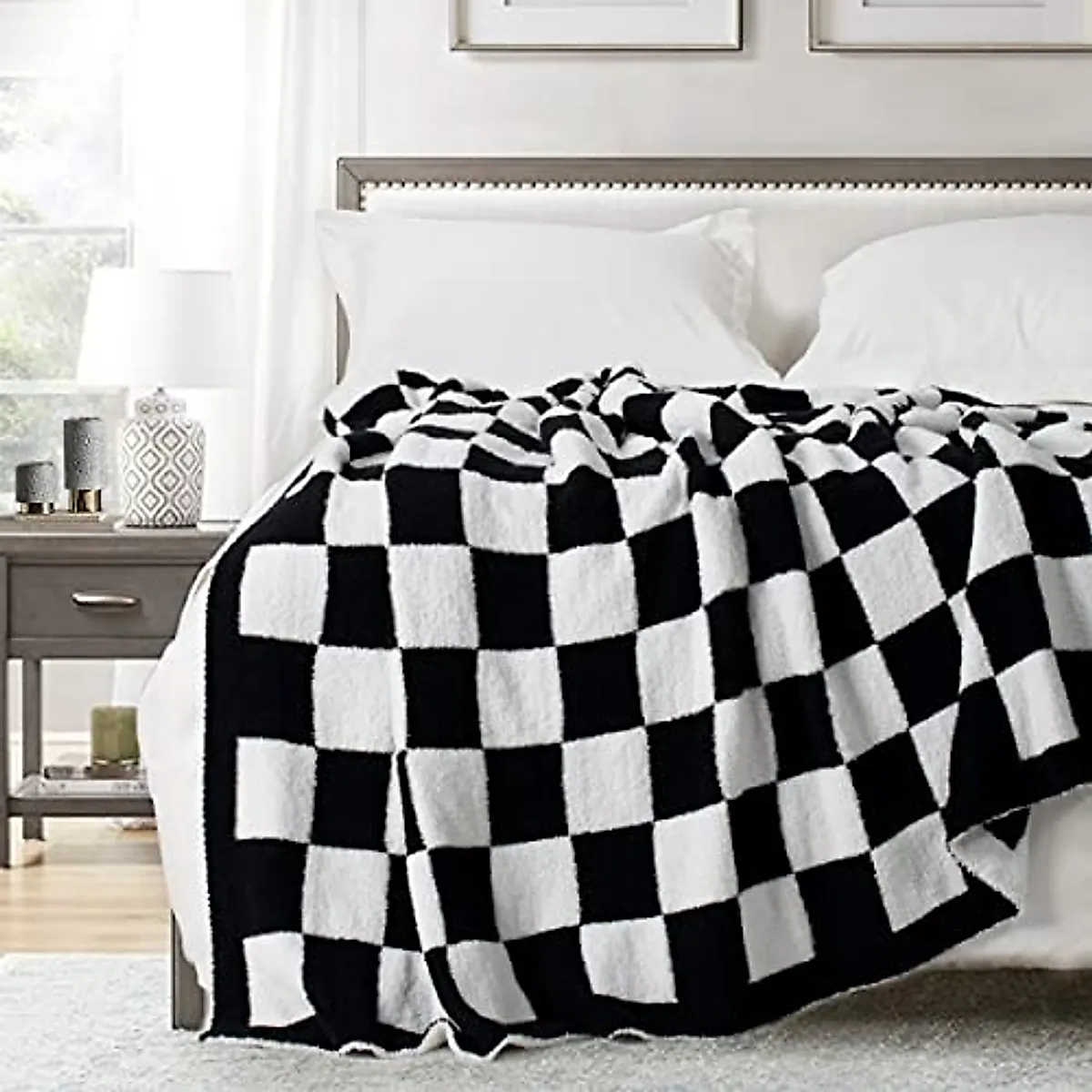 Carriediosa Black Checkered Blanket, Soft Fluffy Plaid Throw Blanket for Sofa Bed Chair, Knitted Farmhouse Luxurious Microfiber Feather Yarn Warm Blankets (Black Check 50" x 60")