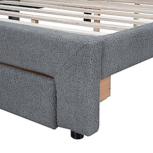 HAUSHECK Upholstered Bed Frame Queen Size with Teddy Fleece Headboard, Big Drawer, Smart LED Lights and 2 USB Ports, Modern Queen Platform Bed Frame w/Wooden Slats Support, No Box Spring Needed