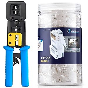 Bundle – 2 items: RJ45 Crimp Tool + 200 Pack of Cat5e Pass Through Connectors.