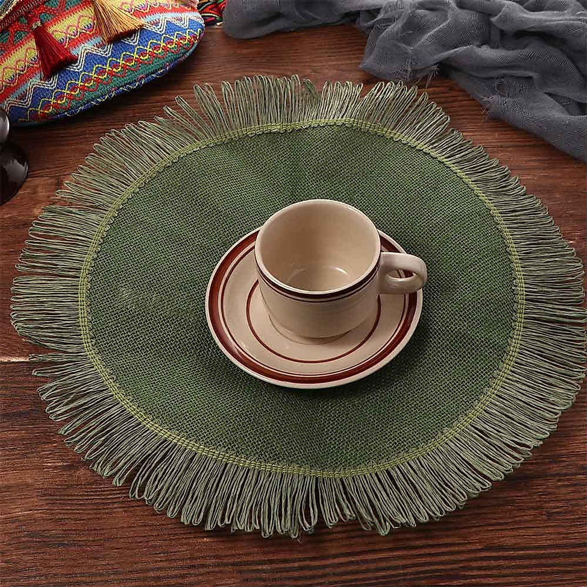 Cup Pad Placemat,Jute Simple Insulation Pad Heat Insulation Non-Slip Boho Coaster Environmental Tassel Table Mat(Black)