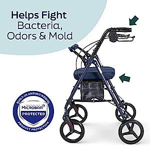 Medline Foldable Steel Rollator w/Seat, Microban, 8” Wheels – Upright Walker for Injuries, Seniors, Adults & Bariatric up to 300 lbs., White