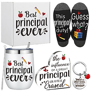 FoldTier 5 Pcs School Principal Appreciation Gifts for Women Men 12oz Principal Tumbler with Lid and Straw Principal Socks Stainless Steel Keychain Acrylic Heart Sign Gift Box for Principal Gifts