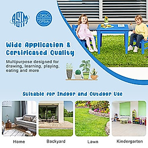 Costzon Kids Table and Chair Set, 3 Piece All-Weather Activity Table for Indoor & Outdoor, Heavy-Duty & Waterproof Furniture Set for Playroom, Nursery, Backyard, Toddler Table and Chair Set (Blue)