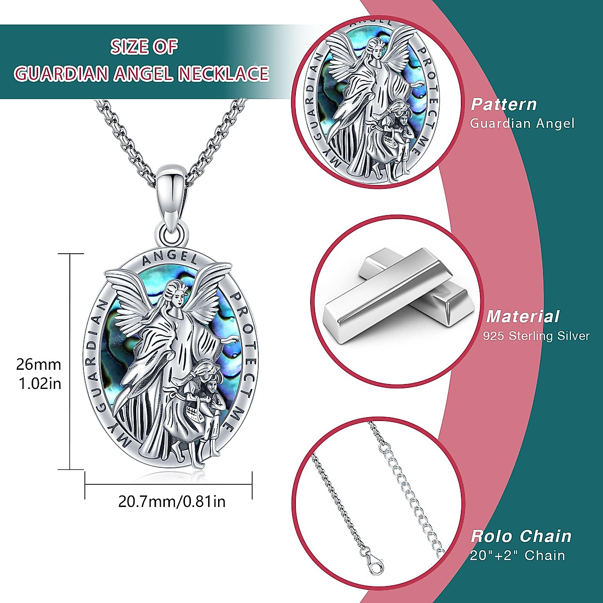 Brisskaari Blue Opal/Abalone Shell Guardian Angel Necklace 925 Sterling Silver Oval Guardian Angel Medal Pendant Religious Angel Medallion Catholic Jewelry Gift for Men Women (Green)