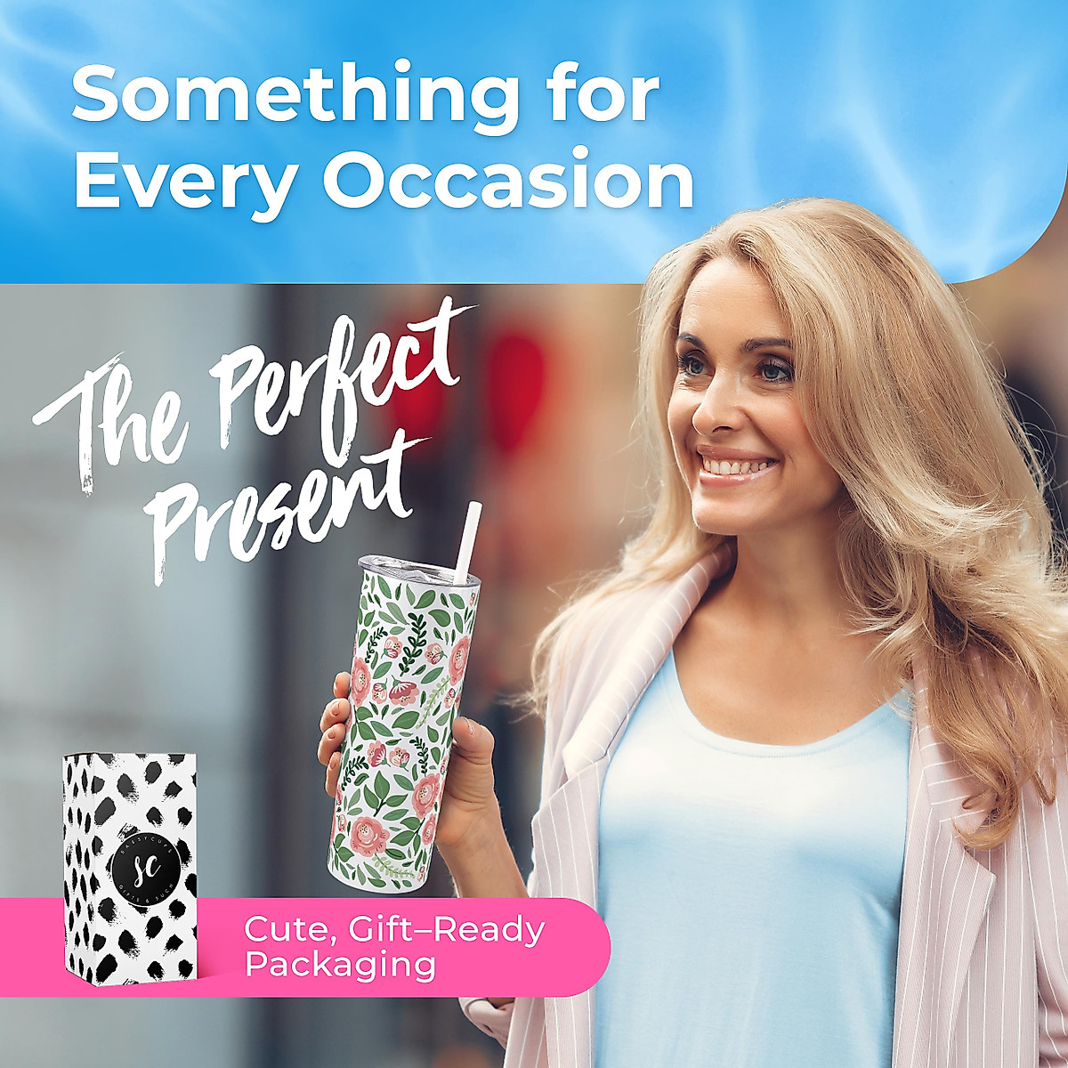 Floral Print Vacuum Insulated Stainless Steel Skinny Tumbler with Straw - Coffee Mug with Lid - Tea Cup for Travel- Nature Themed, Plant Lovers - Travel Mug, Birthday Gift - Floral Mugs for Women