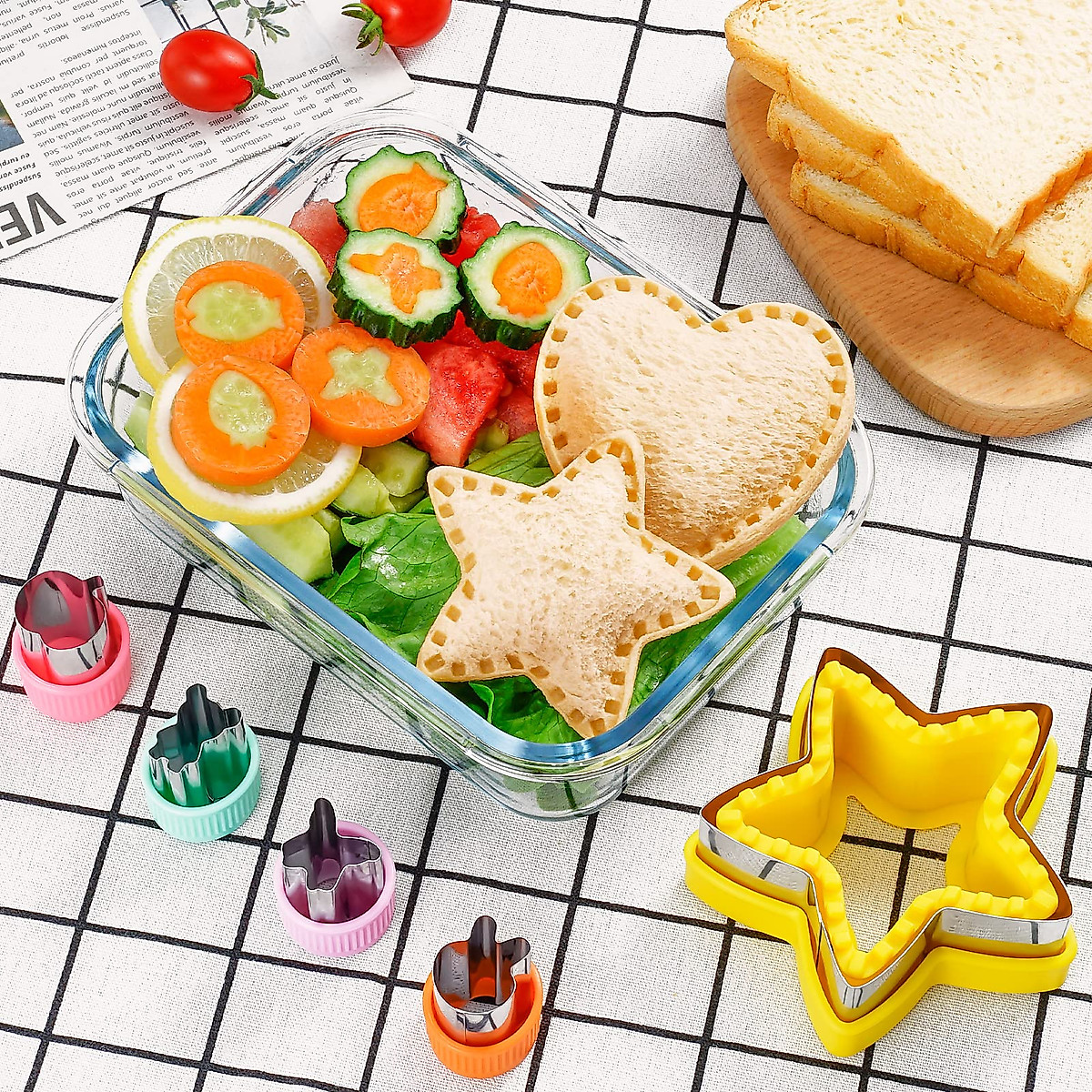 20Pcs Sandwich Cutter and Sealer Set for Kids, Decruster Maker Holiday Heart Cookie Cutters Fruit Vegetable Shapes Boys & Girls Bento Lunch Box with Mickey Mouse Dinosaur Star, etc
