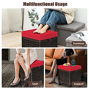 RELAX4LIFE 2-Piece Patio Ottoman Set - Wicker Footstools, All Weather PE Rattan Ottoman with Removable Cushions, Square Footrest Seat, Outdoor Stools for Garden, Porch, Pouf Ottoman (Red)