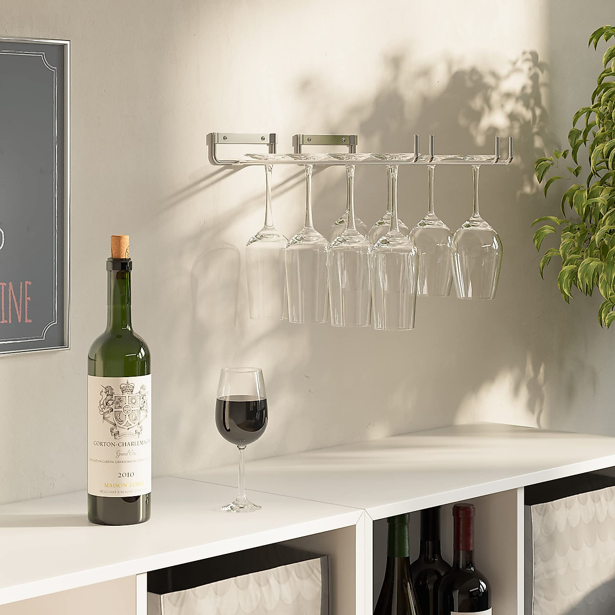 Wallniture Chiraz Wine Glass Rack Wall Mounted Kitchen Organization and Storage Set of 2, 15 Inch Chrome Stemware Holder