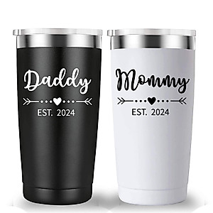 Daddy and Mommy Est 2024 Travel Mug Tumbler.New Parents Pregnancy Gifts.Fathers Day Mothers Day Birthday Christmas Gifts Ideas for New Mom Dad.Parents to Be Baby Shower Gifts(20oz Black&White)