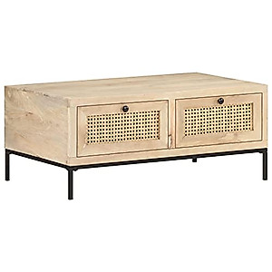 QJBSAVVA Coffee Table 35.4"x19.7"x14.6" Solid Mango Wood and Natural Cane,Entrance Table Tray Tables Center Table Low Table Suitable for Meeting Rooms, Reception Rooms, Offices