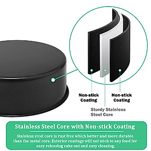 P&P CHEF 6 x 3 Inch Nonstick Cake Pan Set, 2-Piece Round Baking Cake Pans for Small Birthday Wedding Layer Cake, Deep Side & One-piece Design, Stainless Steel Core & Non Toxic, Black