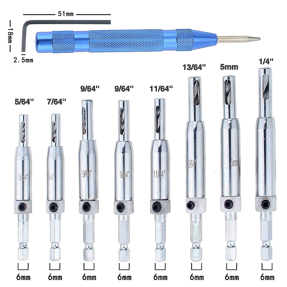 17Pcs Self Centering Drill Bit Set (1/4" Hex Shank) for Woodworking,8Pcs Self Centering Drill Bit with 1 Hex Key,1 Automatic Center Punch and 8 Replacement Drill Bits