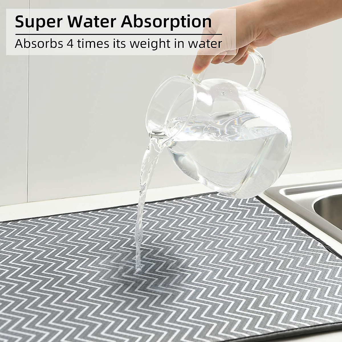 SUBEKYU Dish Drying Mat for Kitchen Counter, Microfiber Absorbent Dishes Drainer/Rack Pads under Sink, 19.6 by 16.1 inches, Set of 2, Grey, Ripple