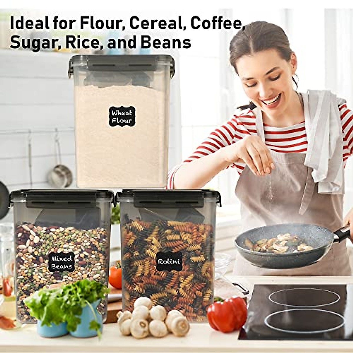 WHITE FEATHER SUPPLIES 4 PC [5.2L / 175 Oz] Large Airtight Food Storage Containers with Lids - Leakproof BPA Free Plastic Kitchen & Pantry Organization for Sugar, Flour & Rice + 4 Measuring Cups