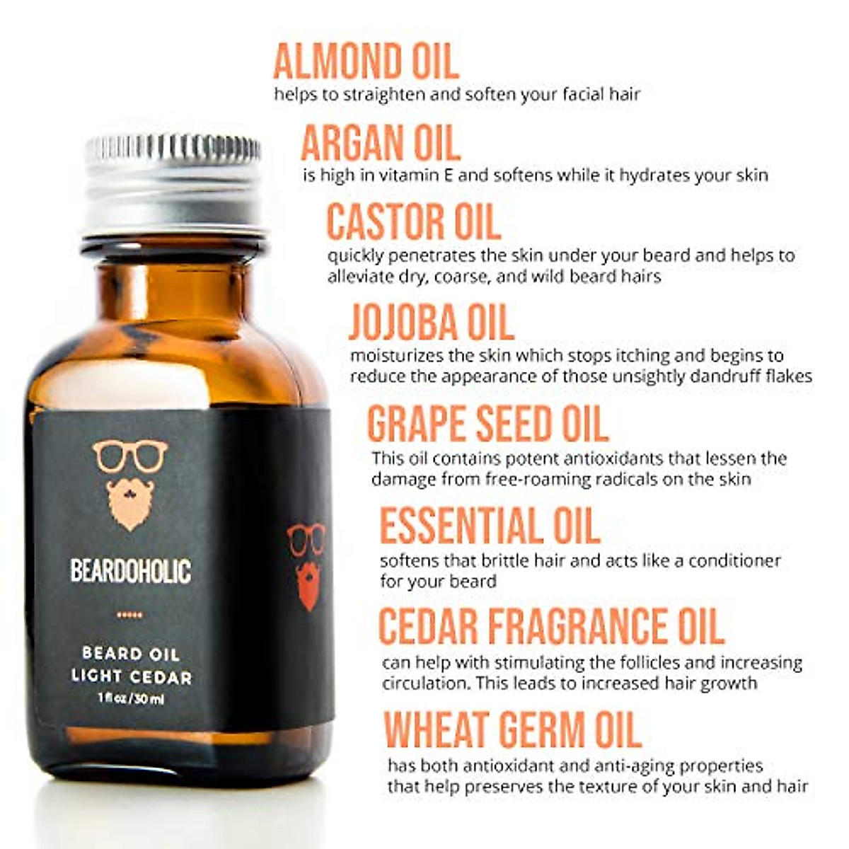 Beardoholic Premium Quality Beard Oil and Leave-in Conditioner, Softener - 100% Pure Organic Natural, Light Cedar Scent - Beard Growth and Stops Itchiness - Jojoba and Argan Oil