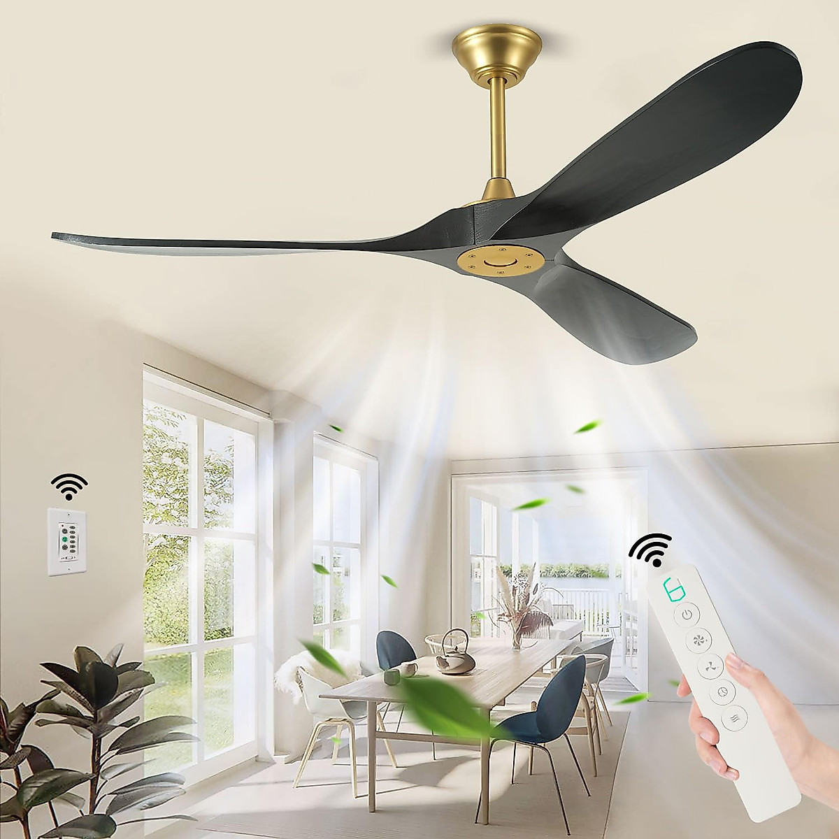 52 inch Black Outdoor Ceiling Fan No Light with Remote, 3 Blade Wood Ceiling Fan with Wall Control Quiet DC Motor Memory Function Black Gold Ceiling Fan for Farmhouse Indoor Wet Rated Patios