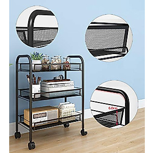 Rolling Storage Cart 3-Tier Metal Mesh Basket Shelves Organizer with Wheels for Home,Office,Kitchen,Bathroom,Bedroom(Black)