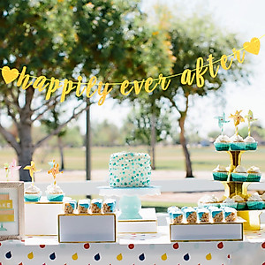 LINGTEER Happily Ever After Gold Glitter Bunting Banner - Cheers to Wedding Anniversary Bride to be Engagement Party Backdrop Decorations.[Pre - Strung]