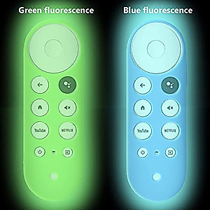2pcs Remote Cover (Glow in The Dark) Compatible with 2020 Chromecast with Google TV Voice Remote, Pinowu Anti Slip Silicone Case Cover (Green and Blue)