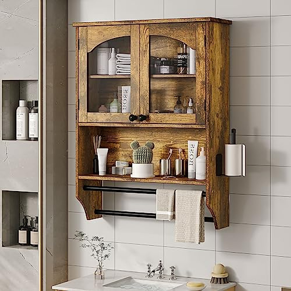 YITAHOME Bathroom Cabinet Wall Mounted Medicine Cabinet Organizer, Bathroom Storage with 2 Towel Hooks, Paper Towel Holder and Adjustable Shelf for Living Room Laundry Bedroom, Brown