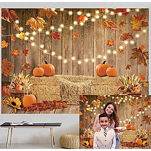 Fall Pumpkin Photography Backdrop 8x6FT Autumn Thanksgiving Harvest Hay Glitter Wooden Background Maple Sunflowers Newborn Baby Shower Banner Party Decorations Photo Booth Props