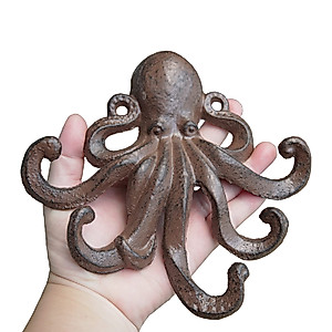 YMAISS Rustic Brown Cast Iron Octopus Hooks,Key Hooks,Sea Theme Hook,Coastal Hook,Antique Old Shabby Chic Cast Iron Hooks, Decorative Swimming Octopus Tentacles Key Hook Matching Screws Included