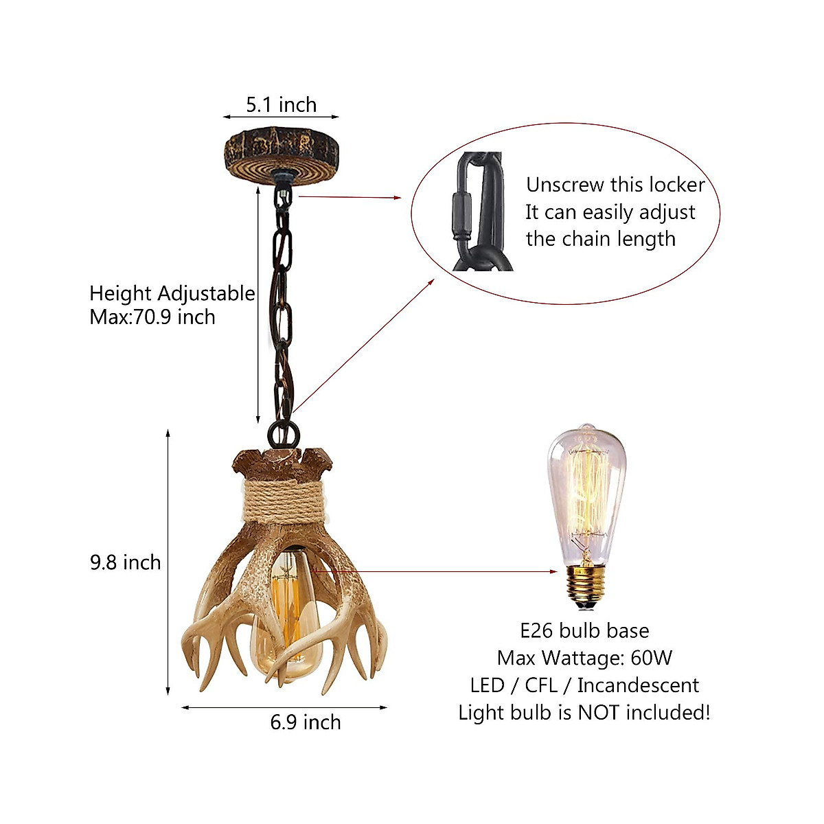 NEARLED BOOU Mini Antler Pendant Light Farmhouse Pendant Hanging Light Fixture for Kitchen Island Dining Room Sink Bathroom Restaurant Light Small Antler Hanging Lights